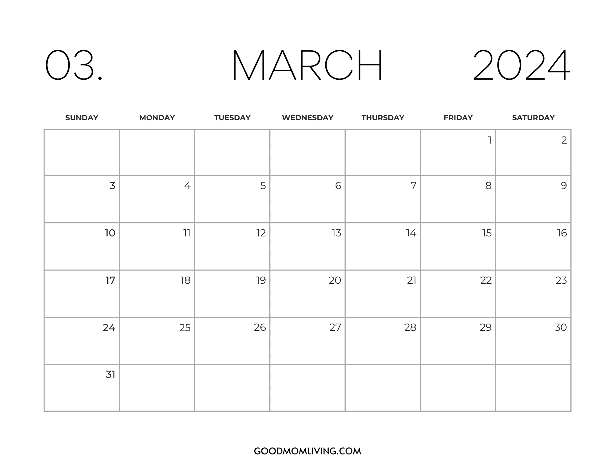 Free March 2024 Calendar Printable to Stay Ahead - Good Mom Living